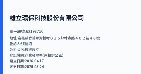 雄立環保科技股份有限公司的照片-統編 62198750(嘉義縣) 公司登記資料與營業項目詳細圖表