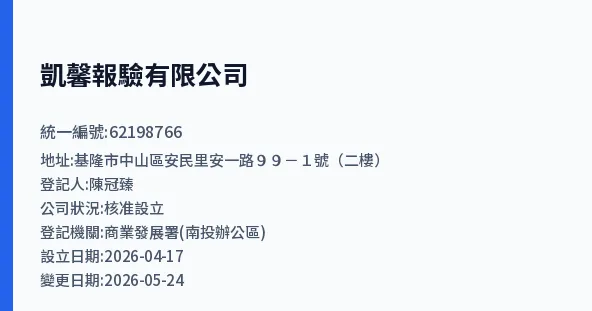 凱馨報驗有限公司的照片-統編 62198766(基隆市) 公司登記資料與營業項目詳細圖表