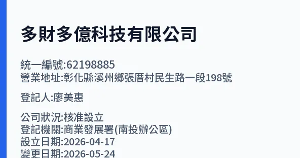多財多億科技有限公司的照片-統編 62198885(彰化縣) 公司登記資料與營業項目詳細圖表
