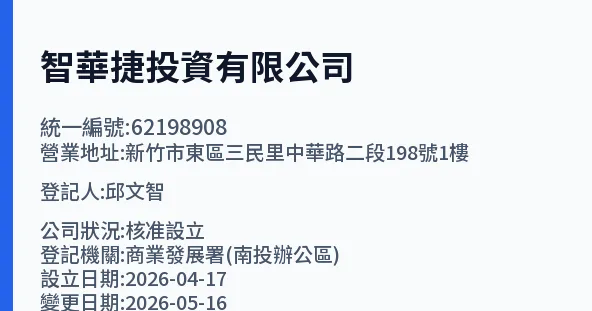 智華捷投資有限公司的照片-統編 62198908(新竹市) 公司登記資料與營業項目詳細圖表