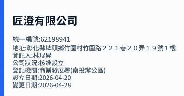 匠澄有限公司的照片-統編 62198941(彰化縣) 公司登記資料與營業項目詳細圖表
