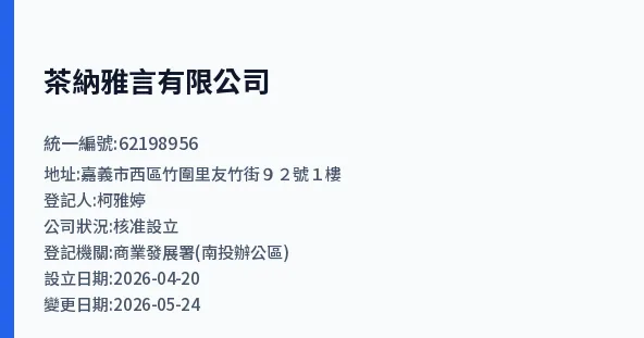 茶納雅言有限公司的照片-統編 62198956(嘉義市) 公司登記資料與營業項目詳細圖表