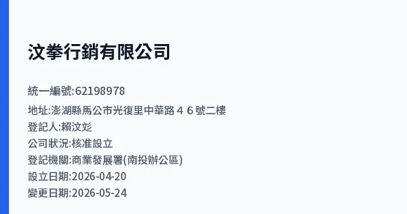 汶拳行銷有限公司的照片-統編 62198978(澎湖縣) 公司登記資料與營業項目詳細圖表