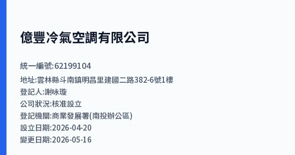億豐冷氣空調有限公司的照片-統編 62199104(雲林縣) 公司登記資料與營業項目詳細圖表