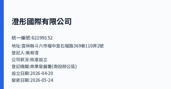 澄彤國際有限公司的照片-統編 62199152(雲林縣) 公司登記資料與營業項目詳細圖表