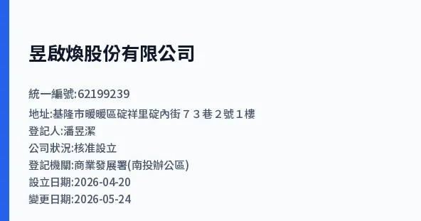 昱啟煥股份有限公司的照片-統編 62199239(基隆市) 公司登記資料與營業項目詳細圖表