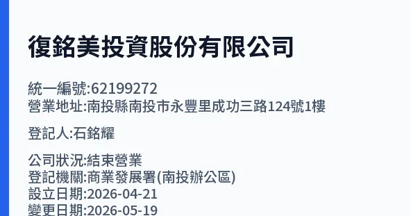 復銘美投資股份有限公司的照片-統編 62199272(南投縣) 公司登記資料與營業項目詳細圖表