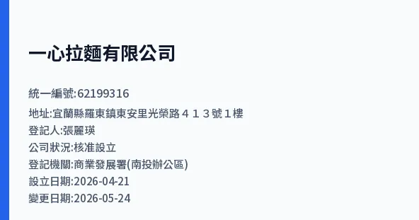 一心拉麵有限公司的照片-統編 62199316(宜蘭縣) 公司登記資料與營業項目詳細圖表