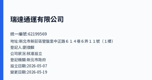 瑞達通運有限公司的照片-統編 62199569(新北市) 公司登記資料與營業項目詳細圖表