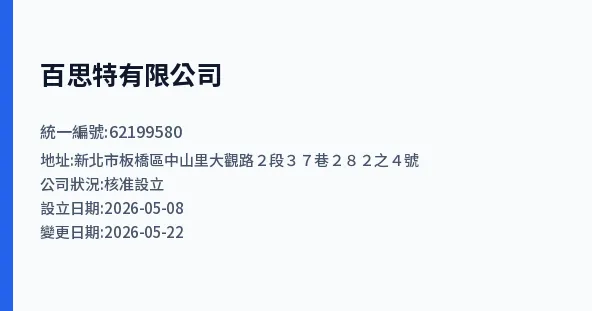 百思特有限公司的照片-統編 62199580(新北市) 公司登記資料與營業項目詳細圖表