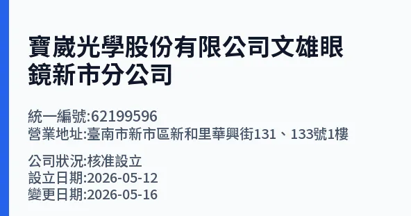 寶崴光學股份有限公司文雄眼鏡新市分公司的照片-統編 62199596(臺南市) 公司登記資料與營業項目詳細圖表