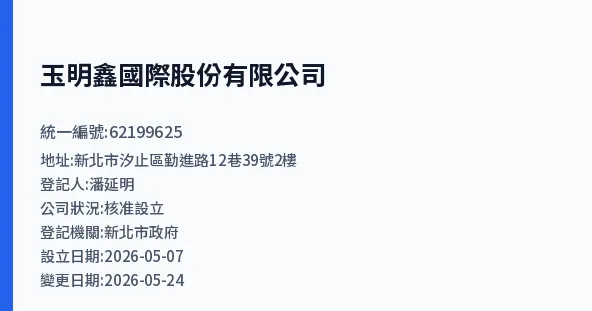 玉明鑫國際股份有限公司的照片-統編 62199625(新北市) 公司登記資料與營業項目詳細圖表