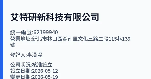 艾特研新科技有限公司的照片-統編 62199940(新北市) 公司登記資料與營業項目詳細圖表