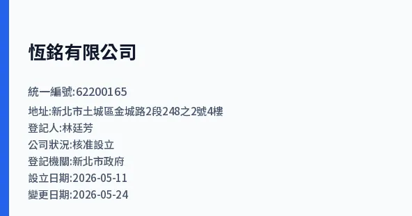 恆銘有限公司的照片-統編 62200165(新北市) 公司登記資料與營業項目詳細圖表