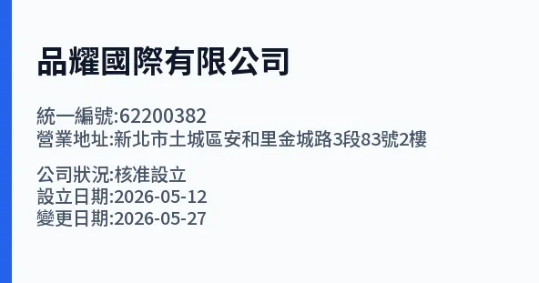 品耀國際有限公司的照片-統編 62200382(新北市) 公司登記資料與營業項目詳細圖表