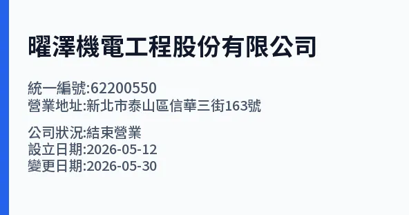 曜澤機電工程股份有限公司的照片-統編 62200550(新北市) 公司登記資料與營業項目詳細圖表