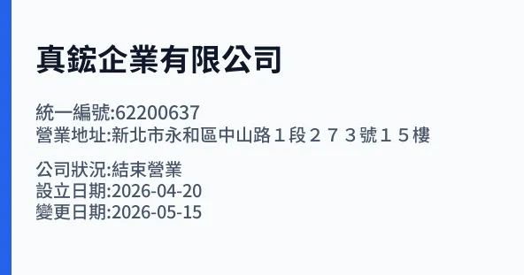 真鋐企業有限公司的照片-統編 62200637(新北市) 公司登記資料與營業項目詳細圖表