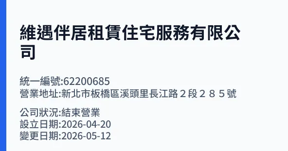 維遇伴居租賃住宅服務有限公司的照片-統編 62200685(新北市) 公司登記資料與營業項目詳細圖表