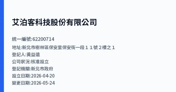 艾泊客科技股份有限公司的照片-統編 62200714(新北市) 公司登記資料與營業項目詳細圖表