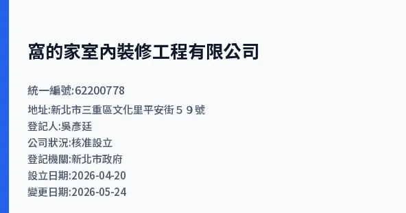 窩的家室內裝修工程有限公司的照片-統編 62200778(新北市) 公司登記資料與營業項目詳細圖表