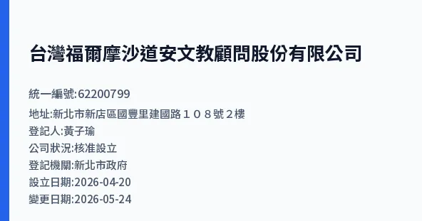 台灣福爾摩沙道安文教顧問股份有限公司的照片-統編 62200799(新北市) 公司登記資料與營業項目詳細圖表
