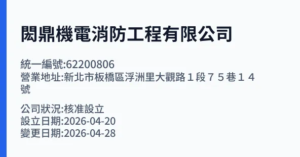 閎鼎機電消防工程有限公司的照片-統編 62200806(新北市) 公司登記資料與營業項目詳細圖表