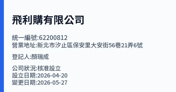 飛利購有限公司的照片-統編 62200812 公司登記資料與營業項目詳細圖表