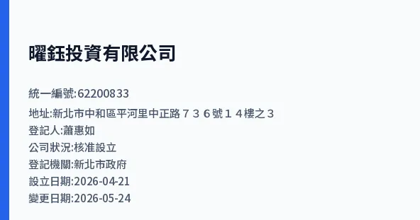 曜鈺投資有限公司的照片-統編 62200833(新北市) 公司登記資料與營業項目詳細圖表