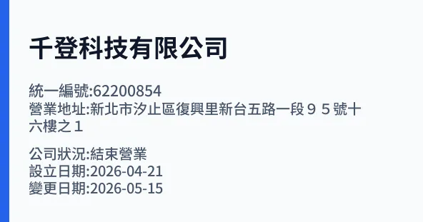 千登科技有限公司的照片-統編 62200854(新北市) 公司登記資料與營業項目詳細圖表