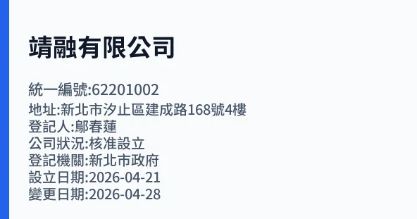 靖融有限公司的照片-統編 62201002(新北市) 公司登記資料與營業項目詳細圖表