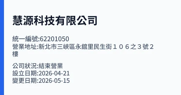 慧源科技有限公司的照片-統編 62201050(新北市) 公司登記資料與營業項目詳細圖表