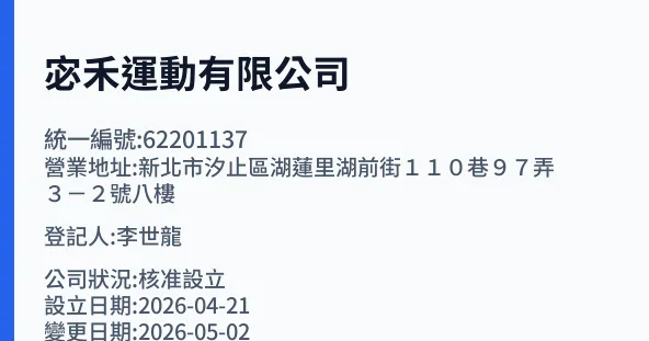 宓禾運動有限公司的照片-統編 62201137(新北市) 公司登記資料與營業項目詳細圖表