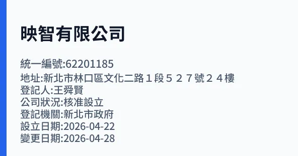 映智有限公司的照片-統編 62201185(新北市) 公司登記資料與營業項目詳細圖表