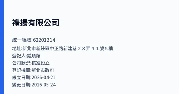 禮揚有限公司的照片-統編 62201214(新北市) 公司登記資料與營業項目詳細圖表