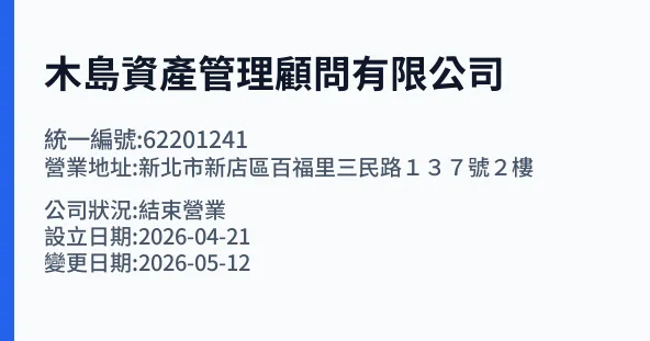 木島資產管理顧問有限公司的照片-統編 62201241(新北市) 公司登記資料與營業項目詳細圖表