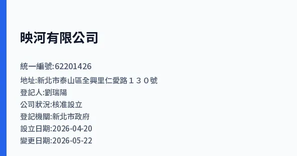 映河有限公司的照片-統編 62201426(新北市) 公司登記資料與營業項目詳細圖表