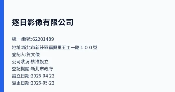 逐日影像有限公司的照片-統編 62201489(新北市) 公司登記資料與營業項目詳細圖表