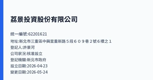 荔景投資股份有限公司的照片-統編 62201621(新北市) 公司登記資料與營業項目詳細圖表