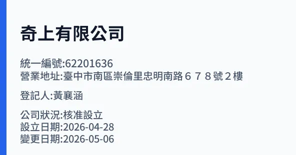奇上有限公司的照片-統編 62201636(臺中市) 公司登記資料與營業項目詳細圖表