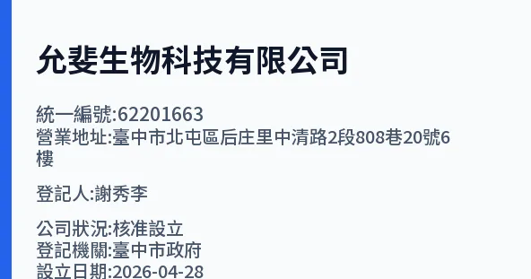 允斐生物科技有限公司的照片-統編 62201663(臺中市) 公司登記資料與營業項目詳細圖表