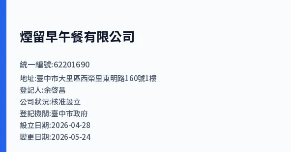 煙留早午餐有限公司的照片-統編 62201690(臺中市) 公司登記資料與營業項目詳細圖表