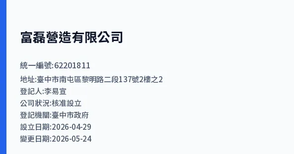 富磊營造有限公司的照片-統編 62201811(臺中市) 公司登記資料與營業項目詳細圖表