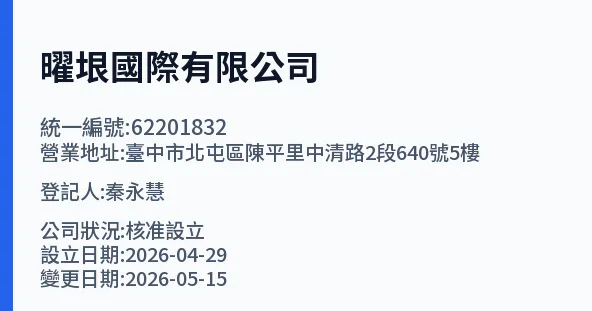 曜垠國際有限公司的照片-統編 62201832(臺中市) 公司登記資料與營業項目詳細圖表