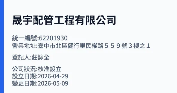 晟宇配管工程有限公司的照片-統編 62201930(臺中市) 公司登記資料與營業項目詳細圖表