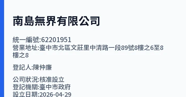 南島無界有限公司的照片-統編 62201951(臺中市) 公司登記資料與營業項目詳細圖表