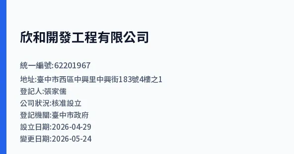 欣和開發工程有限公司的照片-統編 62201967(臺中市) 公司登記資料與營業項目詳細圖表