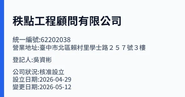 秩點工程顧問有限公司的照片-統編 62202038(臺中市) 公司登記資料與營業項目詳細圖表