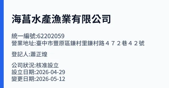 海菖水產漁業有限公司的照片-統編 62202059(臺中市) 公司登記資料與營業項目詳細圖表