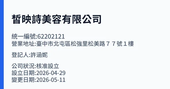 皙映詩美容有限公司的照片-統編 62202121(臺中市) 公司登記資料與營業項目詳細圖表