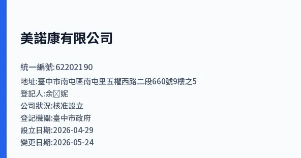 美諾康有限公司的照片-統編 62202190(臺中市) 公司登記資料與營業項目詳細圖表